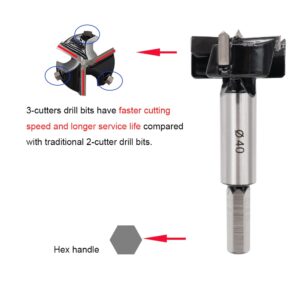 Forstner Drill Bits 40mm (1-9/16 inch) Tungsten Carbide Upgraded Version 3-Cutter Higher Hardness Wood Hole Saw Auger Opener Woodworking Drilling Tool Wood Cutter