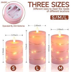 Upinmz Flameless Candle Battery with String of Lights Battery Powered LED Candle Flashing Candle with Remote Control and Timer 3 Packs (Pink)