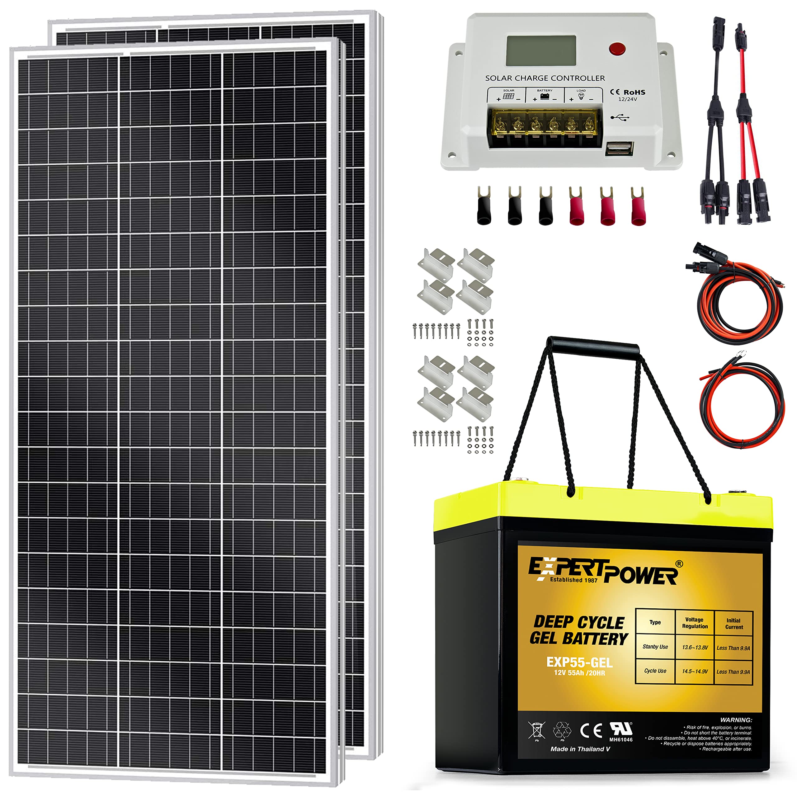 ExpertPower 200W 12V Solar Power Kit | 200-watt Mono Rigid Panel + 12V 55Ah Gel Battery + 20A Solar Charge Controller, for RV, Cabin, Off-Grid DIY, Solar Projects and More