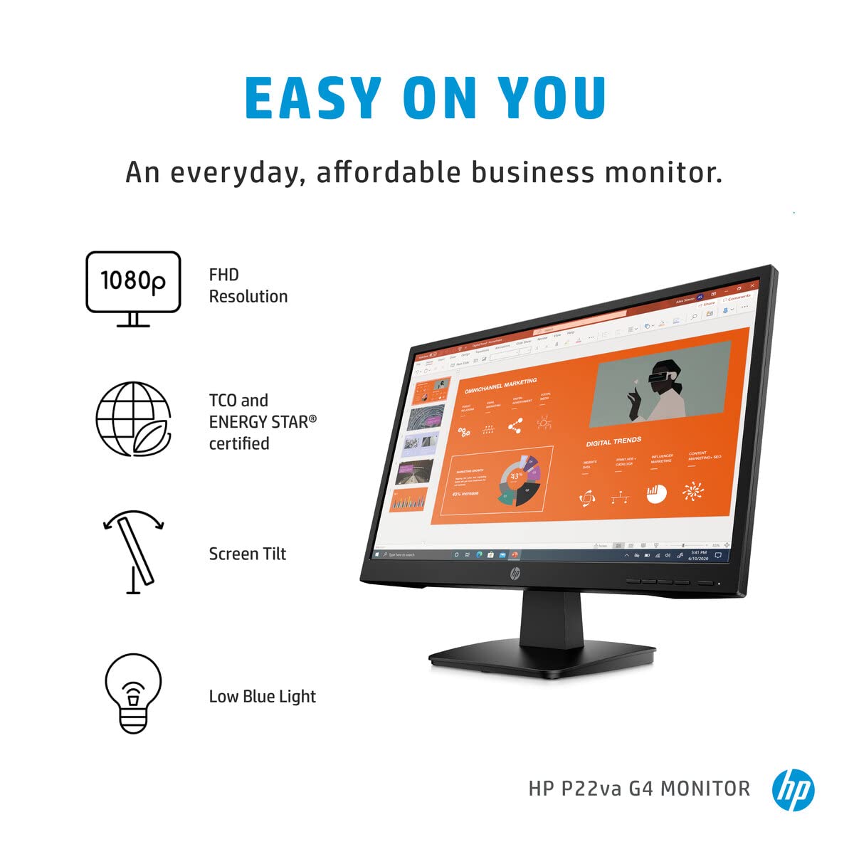 HP P22va G4 21.5 inch 1080P Computer Monitor, Full HD Anti-Glare VA Display, 3000:1 Contrast Ratio, HDMI, VGA, VESA Mount, Low Blue Light Mode, Ideal for Home and Business, Black (2022 Latest Model)