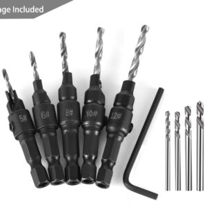 Saipe 5pcs Wood Countersink Drill Bit Set Hex Shank Quick Change Counter Sinker Pre Hole Drill Bit Set Screw Counterbore Bit Pilot Bit Set #5, 6, 8, 10, 12 for Woodworking and Carpentry