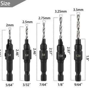 Saipe 5pcs Wood Countersink Drill Bit Set Hex Shank Quick Change Counter Sinker Pre Hole Drill Bit Set Screw Counterbore Bit Pilot Bit Set #5, 6, 8, 10, 12 for Woodworking and Carpentry