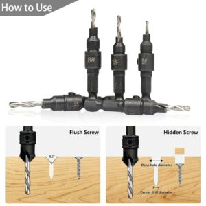 Saipe 5pcs Wood Countersink Drill Bit Set Hex Shank Quick Change Counter Sinker Pre Hole Drill Bit Set Screw Counterbore Bit Pilot Bit Set #5, 6, 8, 10, 12 for Woodworking and Carpentry