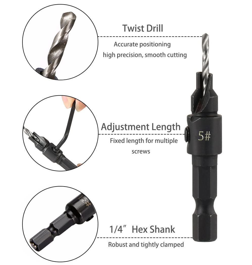 Saipe 5pcs Wood Countersink Drill Bit Set Hex Shank Quick Change Counter Sinker Pre Hole Drill Bit Set Screw Counterbore Bit Pilot Bit Set #5, 6, 8, 10, 12 for Woodworking and Carpentry