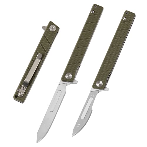 OLITANS G016 Mini Slim Folding Scalpel with 5pcs #24 and 5pcs #60 G10 Handle with Liner Lock, Utility EDC Pocket Knife with Back Clip (Army green)