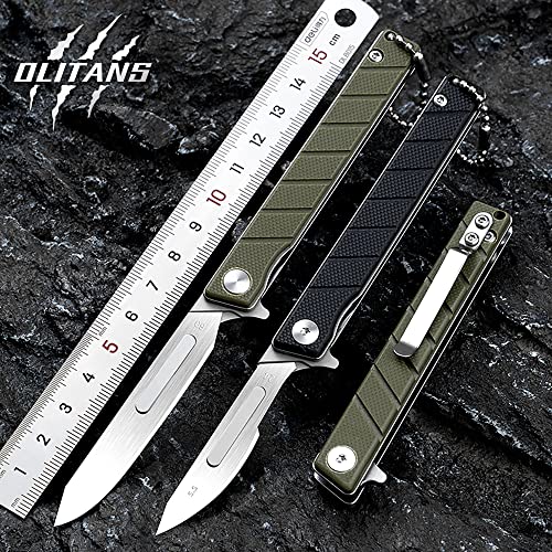 OLITANS G016 Mini Slim Folding Scalpel with 5pcs #24 and 5pcs #60 G10 Handle with Liner Lock, Utility EDC Pocket Knife with Back Clip (Army green)