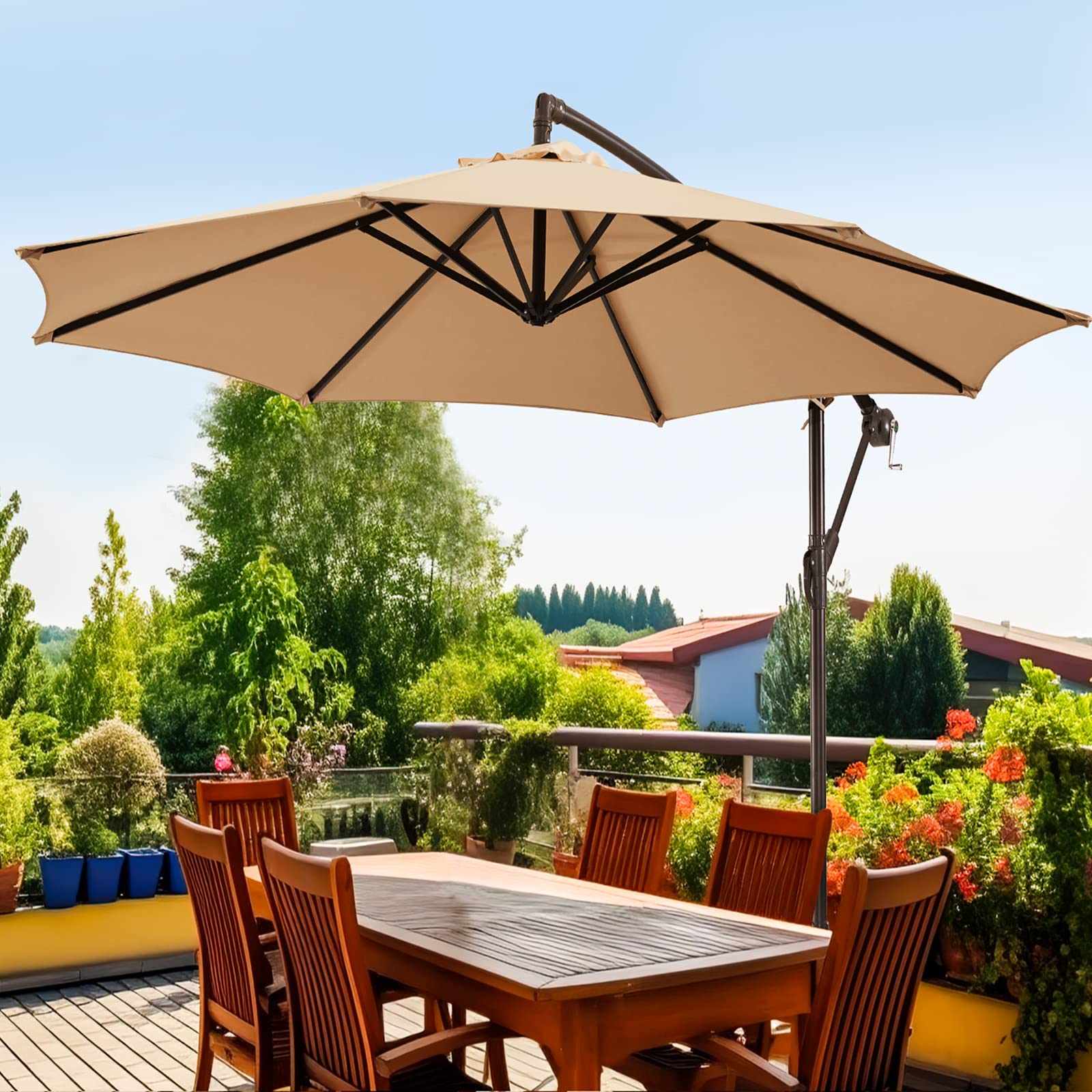 wikiwiki 10ft Patio Umbrellas Offset Outdoor Cantilever Hanging Umbrella w/Infinite Tilt, Fade Resistant Waterproof Recycled Fabric Canopy & Cross Base for Yard, Garden & Deck (Beige)