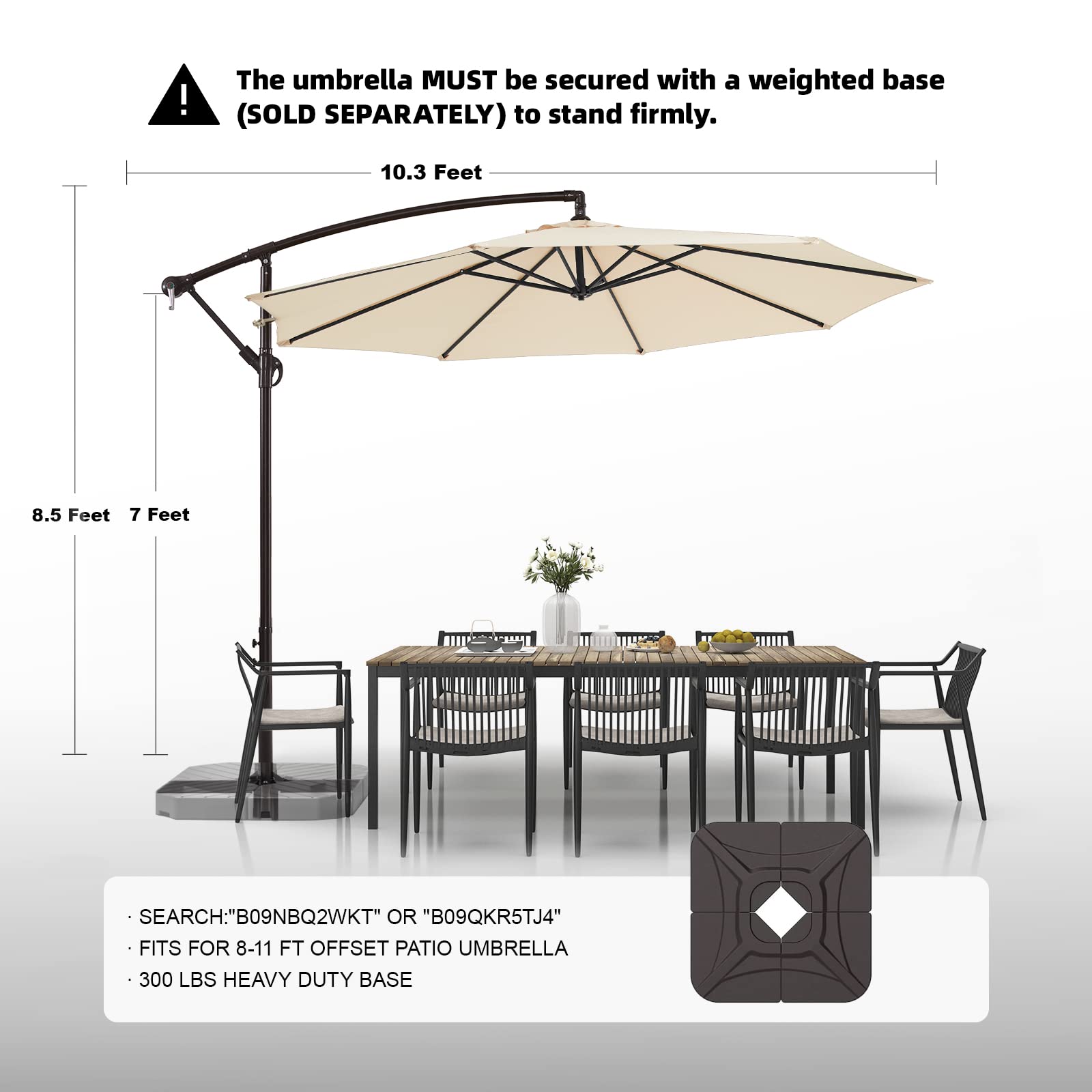 wikiwiki 10ft Patio Umbrellas Offset Outdoor Cantilever Hanging Umbrella w/Infinite Tilt, Fade Resistant Waterproof Recycled Fabric Canopy & Cross Base for Yard, Garden & Deck (Beige)