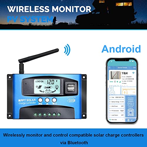 Y&H 100A 12V/24V MPPT Solar Charge Controller w/LCD Display Dual USB and WiF, Solar Panel Regulator fit for Gel Flooded and Lithium Battery Model: BL912-100A-WIF (Blue)