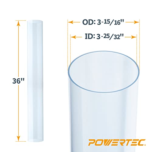 POWERTEC 70272V Clear PVC Pipe 4" x 36" Long, 1PK, Rigid Plastic Tubing for Dust Collection Hose & Fittings