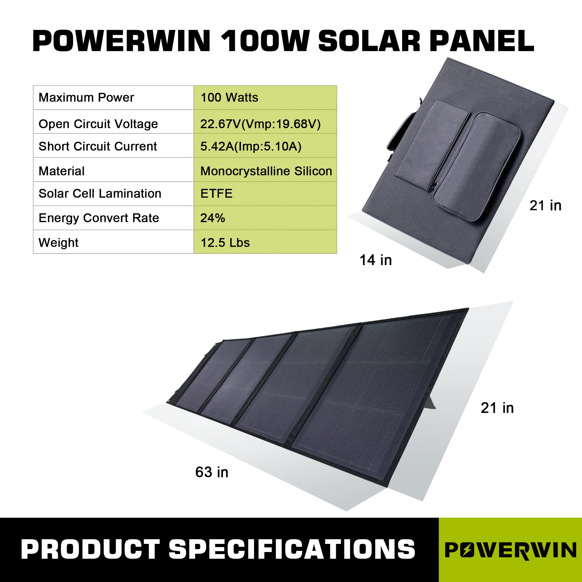 POWERWIN 100W Foldable Solar Panel for Power Station and USB Devices , Shingled Portable Solar Panel with PD18W Fast Charging Output and Adjustable Kickstand for Camping Off-Grid Living