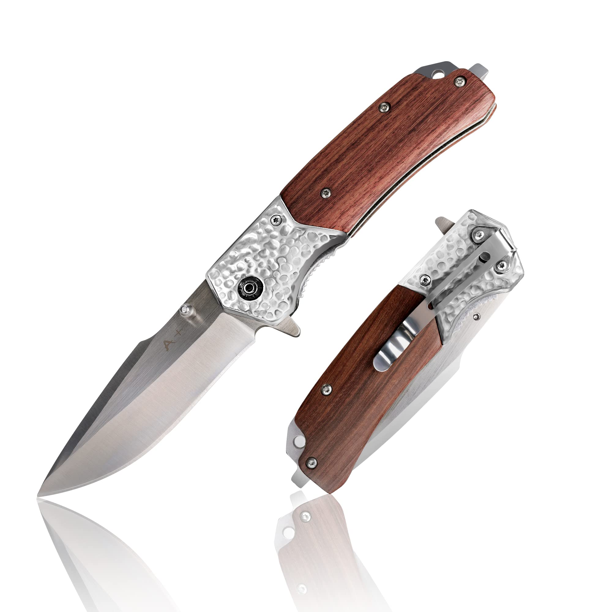 A+ Choice Pocket Knife Sharp Folding Knives - 4" 440C Stainless Steel Clip Point Blade with Pocket Clip, Wood Handle, Glass Breaker - Best Camping Hiking Fishing Work Knofe