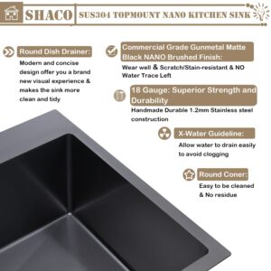 SHACO 15x20 Inch Black Drop In Bar Sink, 15 Inch Top Mount RV Kitchen Sink, 16 Gauge Stainless Steel Sink for Small Kitchen Wet Bar Prep RV Yard Office Laundry with Dish Grid & Drain, Gunmetal Black