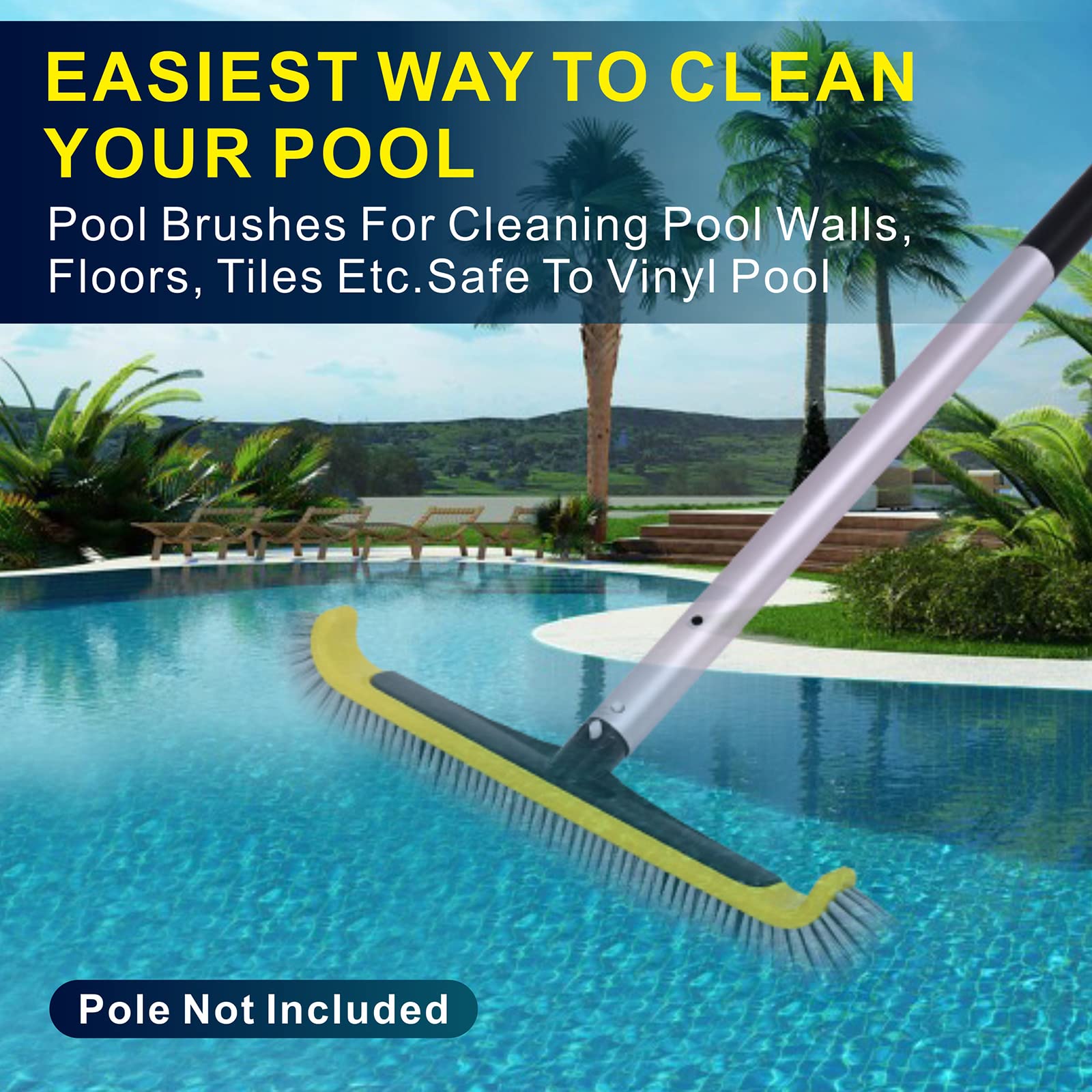 POOLAZA Pool Brush, Heavy Duty Pool Brushes for Cleaning Pool Walls Steps & Corners, Aluminum Structure Pool Brush Head for Inground Pools, Premium Nylon Bristle Swimming Pool Brush with EZ Clip