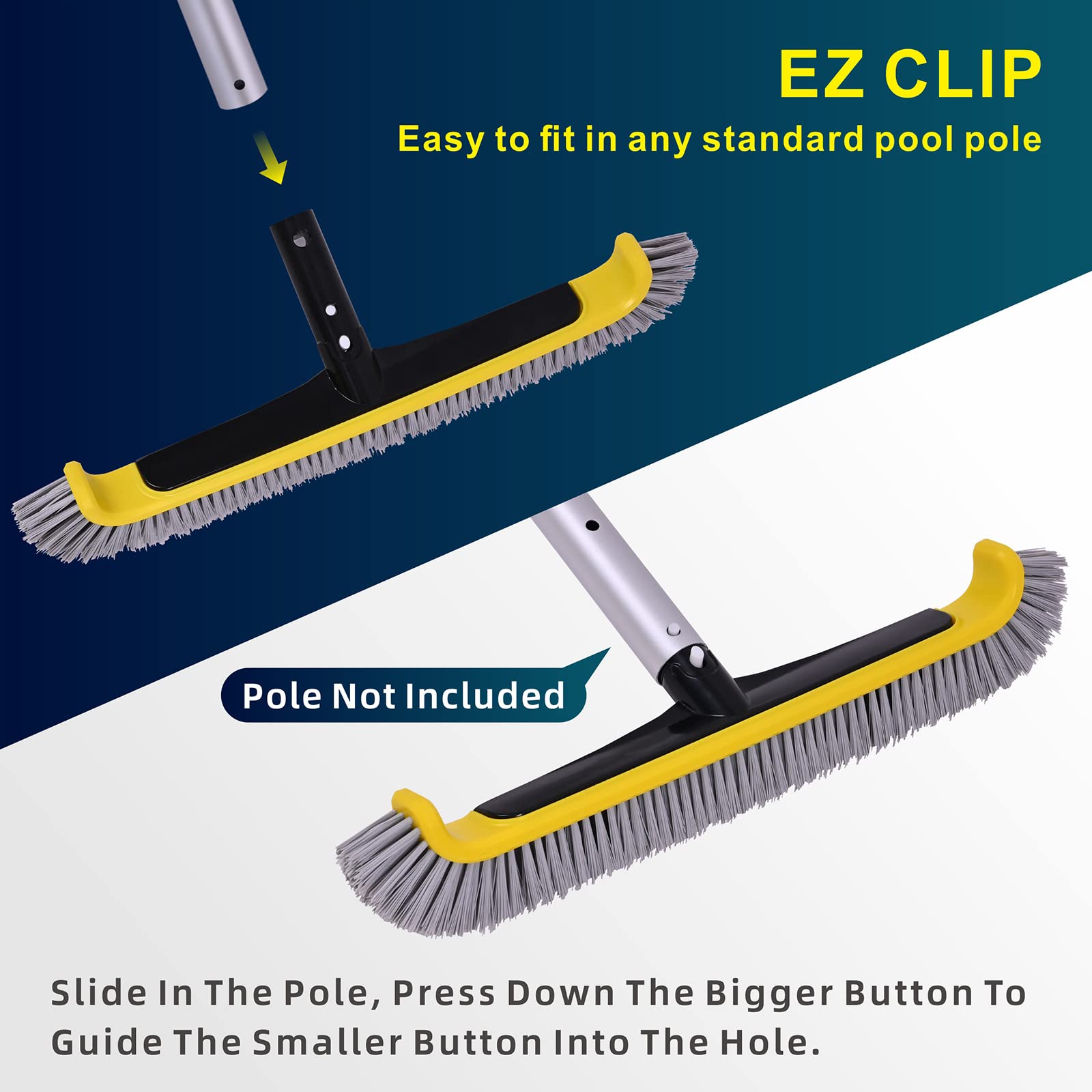 POOLAZA Pool Brush, Heavy Duty Pool Brushes for Cleaning Pool Walls Steps & Corners, Aluminum Structure Pool Brush Head for Inground Pools, Premium Nylon Bristle Swimming Pool Brush with EZ Clip