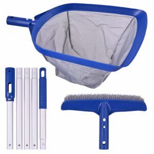 POOLAZA Pool Skimmer Net & Pool Brush Head with 50'' Aluminum Pool Pole, Fine Mesh Pool Net Skimmer Plus 14" Sturdy Pool Brushes for Cleaning Pool Walls, Ideal Pool Cleaning Kit for Above Ground Pool