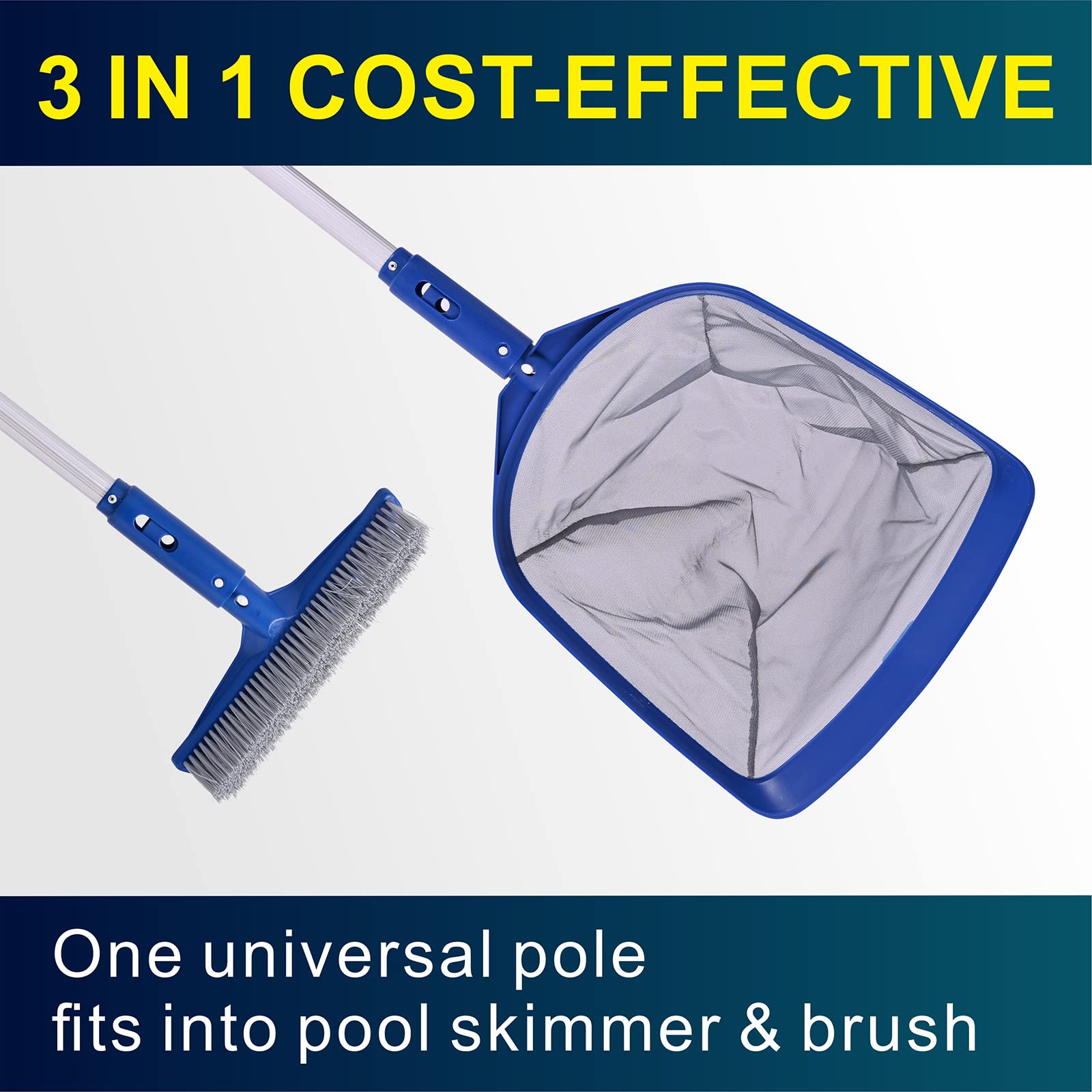 POOLAZA Pool Skimmer Net & Pool Brush Head with 50'' Aluminum Pool Pole, Fine Mesh Pool Net Skimmer Plus 14" Sturdy Pool Brushes for Cleaning Pool Walls, Ideal Pool Cleaning Kit for Above Ground Pool