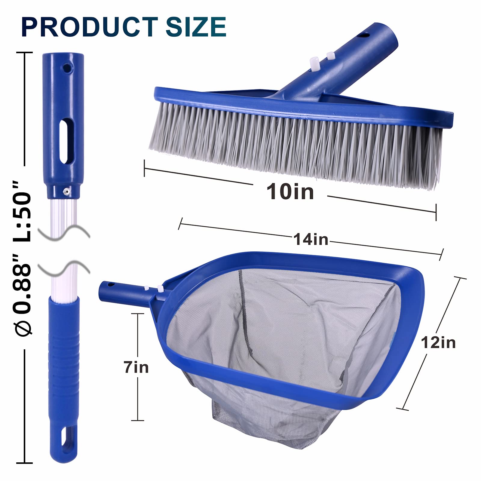 POOLAZA Pool Skimmer Net & Pool Brush Head with 50'' Aluminum Pool Pole, Fine Mesh Pool Net Skimmer Plus 14" Sturdy Pool Brushes for Cleaning Pool Walls, Ideal Pool Cleaning Kit for Above Ground Pool