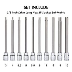 MIXPOWER 3/8" Drive Extra Deep Hex Bit Socket Set, 1/8 Inch to 3/8 Inch, 3mm to 10mm, SAE & Metric, Extra Long Allen Socket Set, CR-V and S2 Steel, 18 Pieces Set