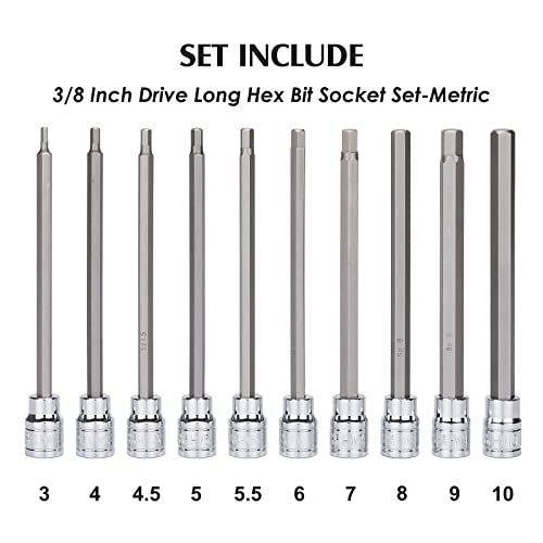 MIXPOWER 3/8" Drive Extra Deep Hex Bit Socket Set, 1/8 Inch to 3/8 Inch, 3mm to 10mm, SAE & Metric, Extra Long Allen Socket Set, CR-V and S2 Steel, 18 Pieces Set