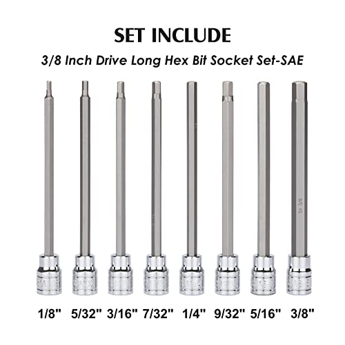 MIXPOWER 3/8" Drive Extra Deep Hex Bit Socket Set, 1/8 Inch to 3/8 Inch, 3mm to 10mm, SAE & Metric, Extra Long Allen Socket Set, CR-V and S2 Steel, 18 Pieces Set