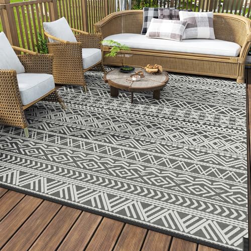 MontVoo-Outdoor Rug Carpet Waterproof 9x12 ft Reversible Patio Rug RV Camping Rug-Plastic Straw Rug Outside Indoor Outdoor Area Rug for Patio Deck Balcony Picnic Beach Outdoor Decor Boho Grey