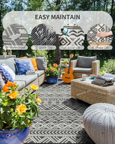 MontVoo-Outdoor Rug Carpet Waterproof 9x12 ft Reversible Patio Rug RV Camping Rug-Plastic Straw Rug Outside Indoor Outdoor Area Rug for Patio Deck Balcony Picnic Beach Outdoor Decor Boho Grey