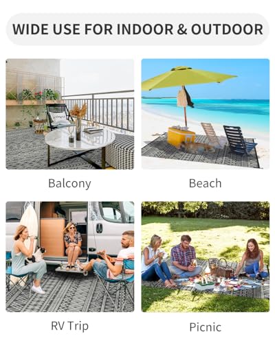 MontVoo-Outdoor Rug Carpet Waterproof 9x12 ft Reversible Patio Rug RV Camping Rug-Plastic Straw Rug Outside Indoor Outdoor Area Rug for Patio Deck Balcony Picnic Beach Outdoor Decor Boho Grey