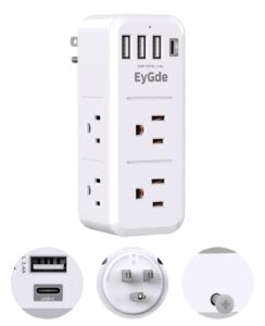 eygde multi plug outlet extender surge protector 1700j, wall power strip with rotating plug & 4 usb charging ports (1 usb c), 3 side swivel outlet splitter with 6 spaced sockets for home office travel