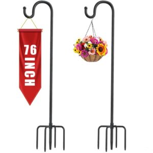 peluomoz shepherds hooks for outdoor bird feeder pole, 76 inch shepards hooks outdoor heavy duty plant stand outdoor hook for plant hanger hanging basket(2 pack)