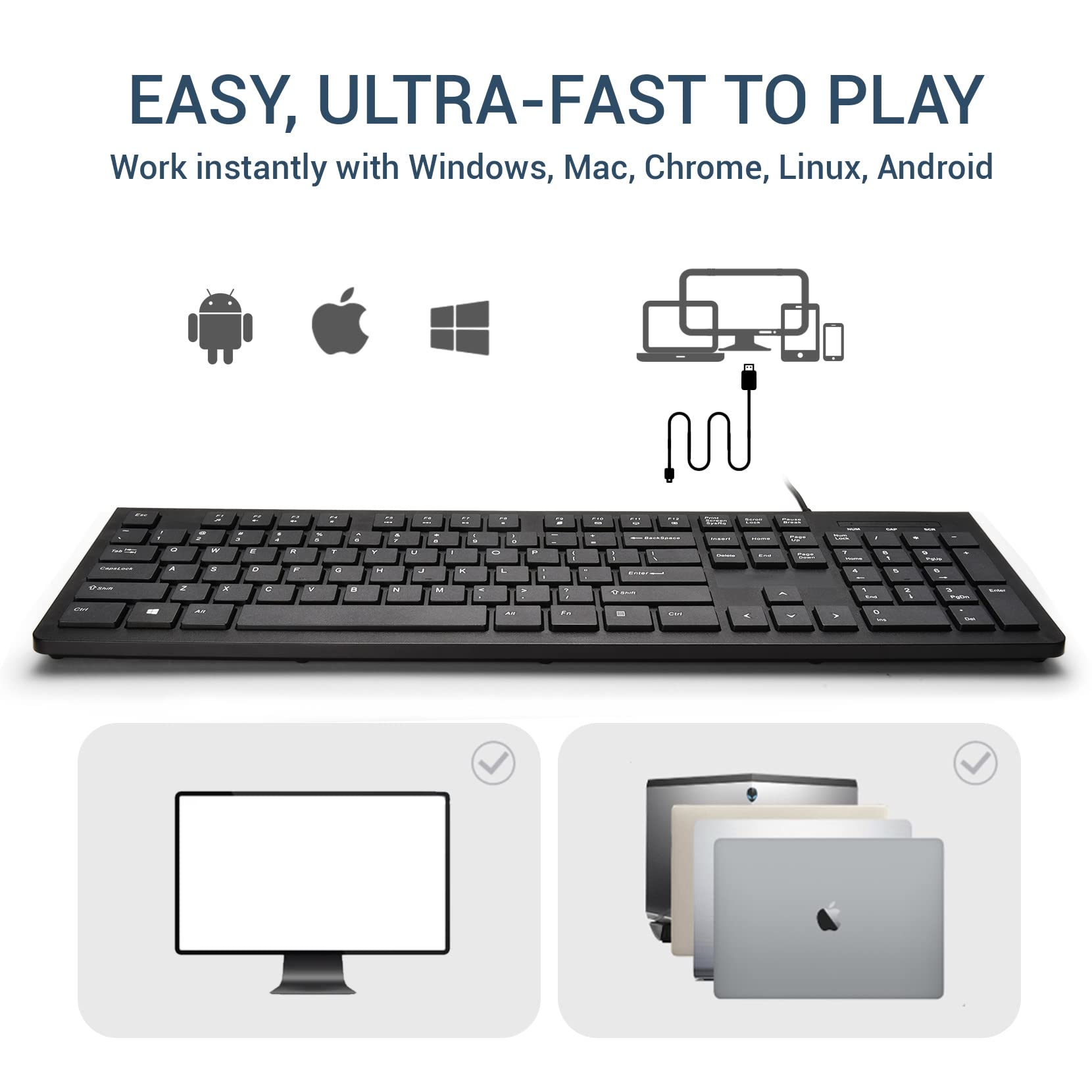 Computer Keyboard Wired, Plug Play USB , Low Profile Chiclet Keys, Large Number Pad, Caps Indicators, Foldable Stands, Spill-Resistant, Anti-Wear Letters for Windows Mac PC Laptop, Full Size