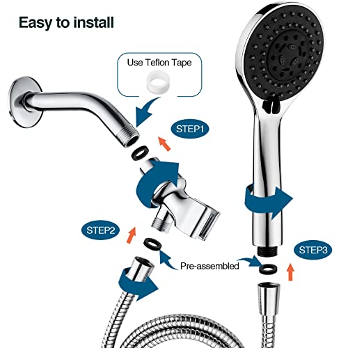 BRIGHT SHOWERS 5 Spray Settings Handheld Shower Head Kit, High Pressure Handheld Rain Shower with 60 Inch Long Stainless Steel Shower Hose and Adjustable Wall Bracket, Chrome