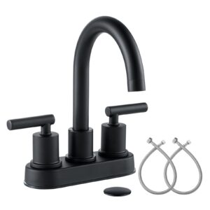 vxv bathroom sink faucet 4 inch 2 handle centerset utility lavatory vanity faucet modern 360 rotating black bathtub water tub faucet with pop-up drain stopper assembly and supply lines fit 2 or 3 hole