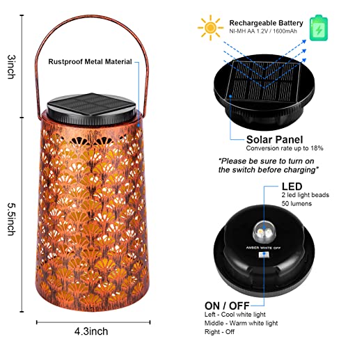 Hanging Solar Lanterns Outdoor Waterproof - 2 Pack Metal LED Decorative Lights with 2 Modes Warm Cool White for Landscape, Courtyard, Camping, Garden, Tabletop, Backyard