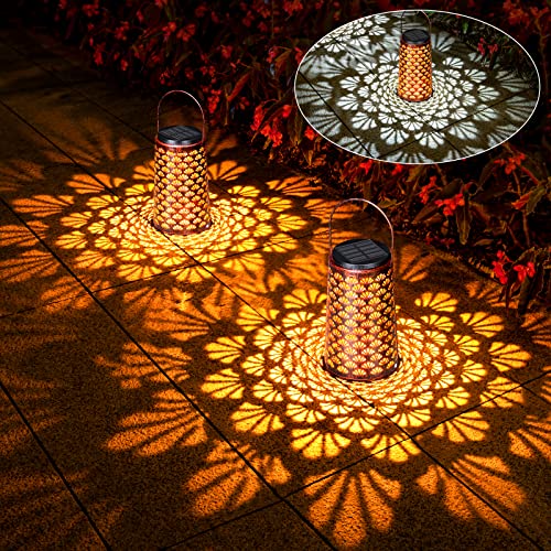 Hanging Solar Lanterns Outdoor Waterproof - 2 Pack Metal LED Decorative Lights with 2 Modes Warm Cool White for Landscape, Courtyard, Camping, Garden, Tabletop, Backyard