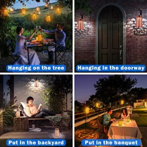 Hanging Solar Lanterns Outdoor Waterproof - 2 Pack Metal LED Decorative Lights with 2 Modes Warm Cool White for Landscape, Courtyard, Camping, Garden, Tabletop, Backyard