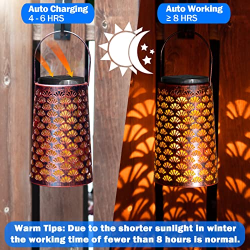 Hanging Solar Lanterns Outdoor Waterproof - 2 Pack Metal LED Decorative Lights with 2 Modes Warm Cool White for Landscape, Courtyard, Camping, Garden, Tabletop, Backyard