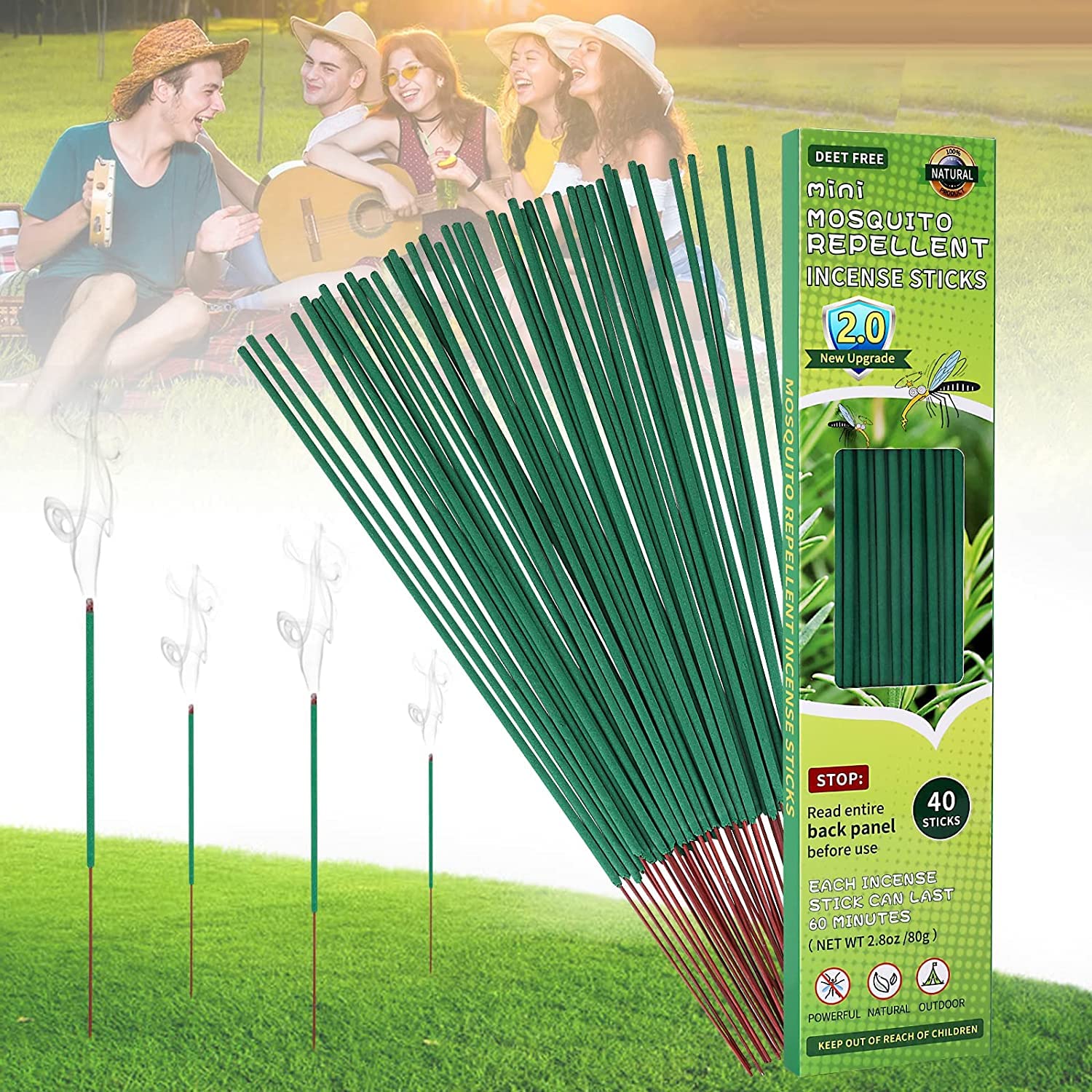 Mosquito Repellent Incense Stick Outdoor 100% Natural 40 Pcs Mosquito Sticks with Natural Lemongrass and Rosemary Oil Non Toxic and DEET Free Made with Plant Based Ingredients