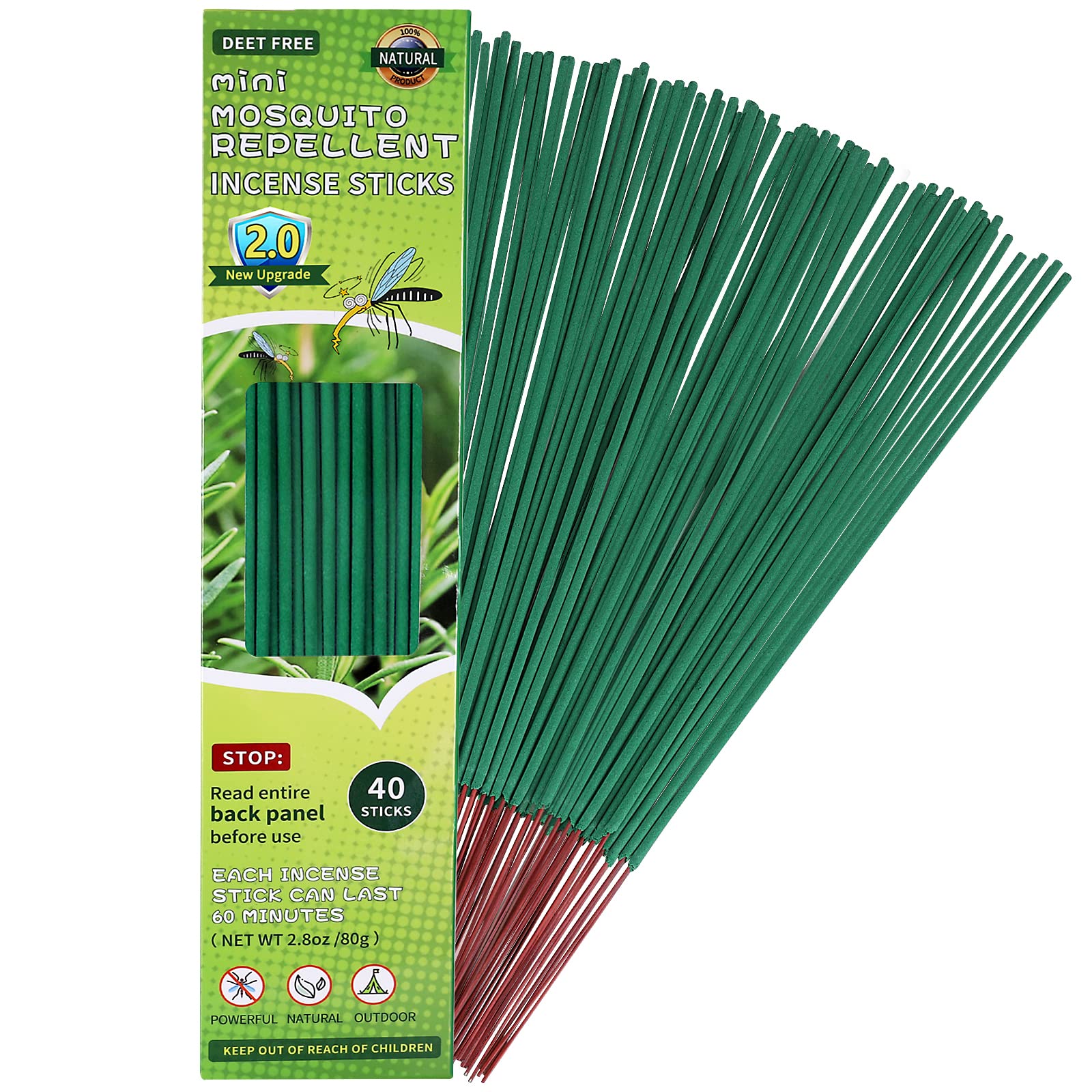 Mosquito Repellent Incense Stick Outdoor 100% Natural 40 Pcs Mosquito Sticks with Natural Lemongrass and Rosemary Oil Non Toxic and DEET Free Made with Plant Based Ingredients