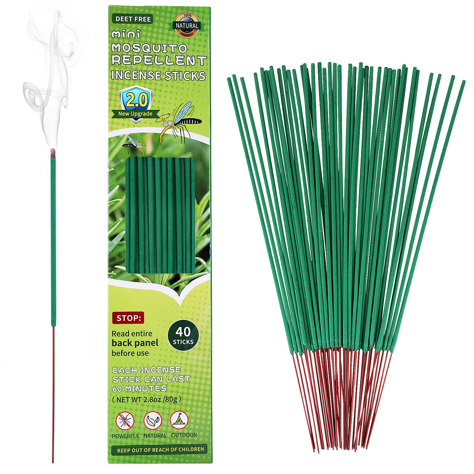 Mosquito Repellent Incense Stick Outdoor 100% Natural 40 Pcs Mosquito Sticks with Natural Lemongrass and Rosemary Oil Non Toxic and DEET Free Made with Plant Based Ingredients