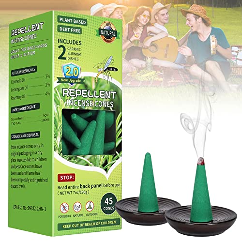 Mosquito Repellent Incense Cones Bug Repellent Outdoor 45 Cones 100% Natural.Made with Natural Lemongrass & Rosemary Oil Non Toxic and DEET Free-Includes 2 Ceramic Dishes