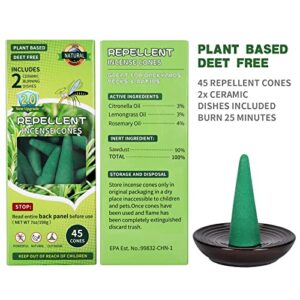 Mosquito Repellent Incense Cones Bug Repellent Outdoor 45 Cones 100% Natural.Made with Natural Lemongrass & Rosemary Oil Non Toxic and DEET Free-Includes 2 Ceramic Dishes