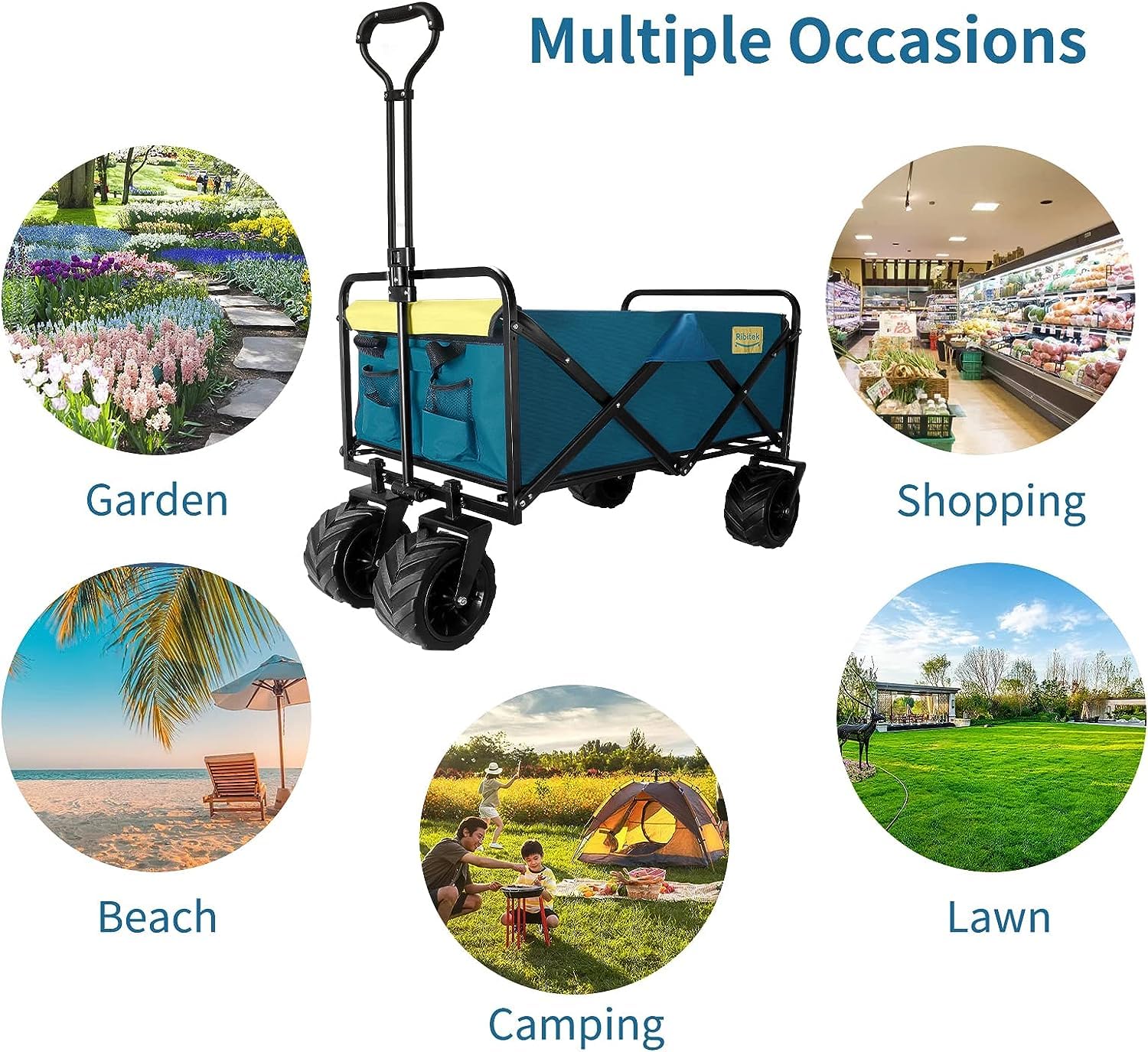 Beach Cart with Big Wheels for Sand, Ribitek Outdoor Folding Camping Grocery Portable Utility Cart, Heavy Duty 300 Lbs Capacity Collapsible All Terrain Sports Wagon with Adjustable Handle for Camping