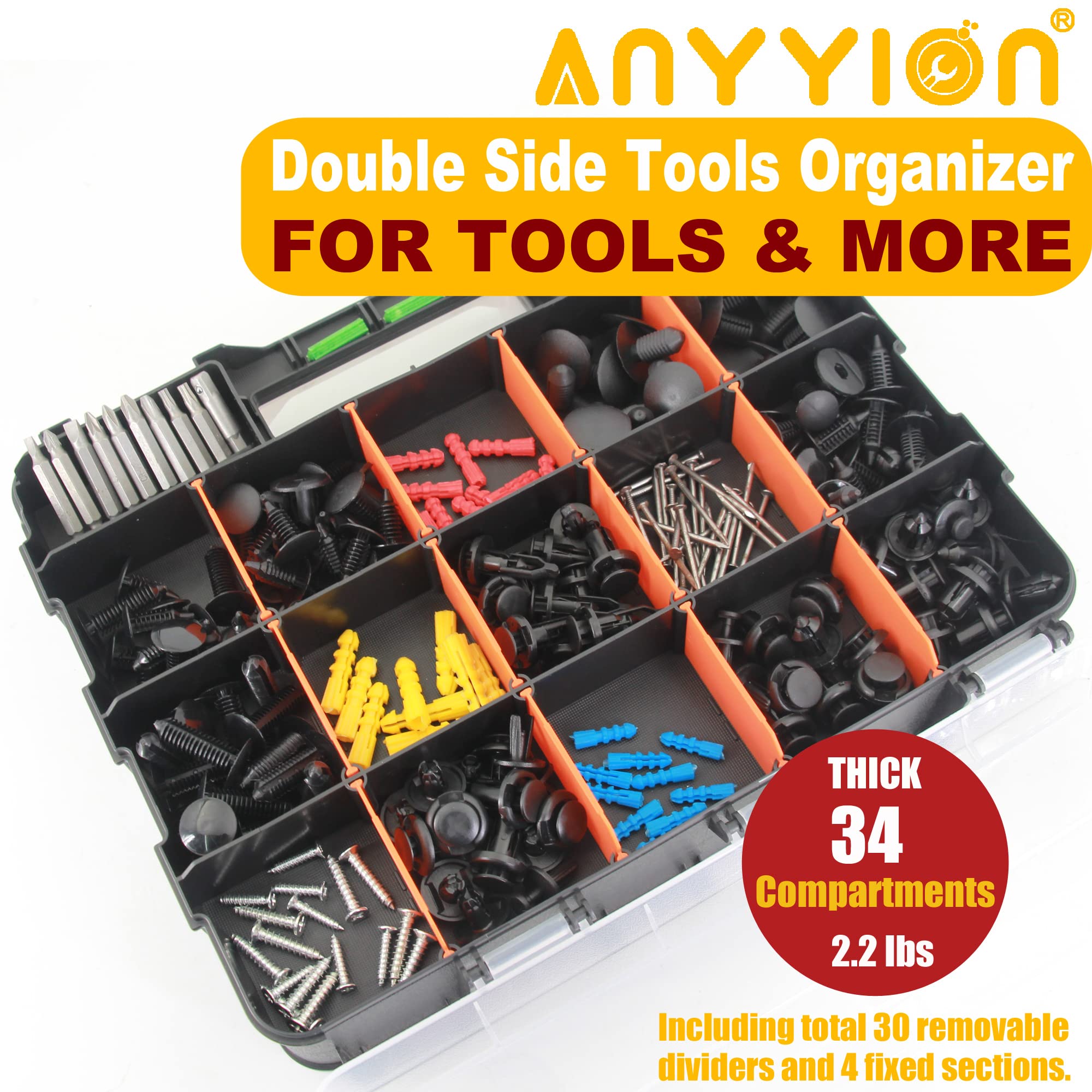 Anyyion Small Parts Organizer, 34-Compartments Double Side parts organizer with Removable Dividers for Hardware, Screws, Bolts, Nails, Beads, Jewelry & More by Stalwart