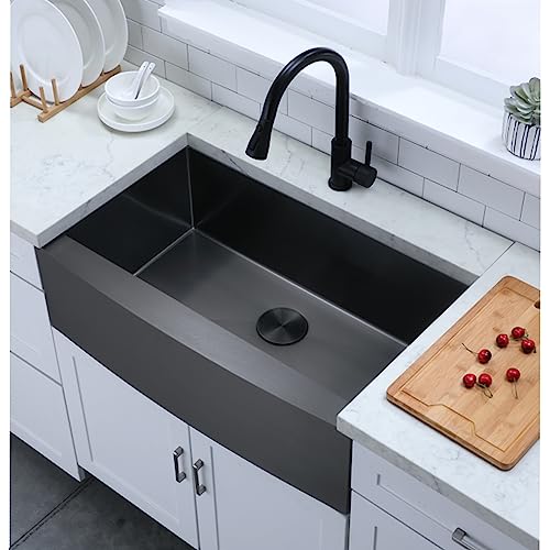 VESLA HOME 33 inch Black Farmhouse Sink,Stainless Steel Single Bowl Farmhouse Kitchen Sink,Apron Front Farm Sink with Dish Grid and Drain