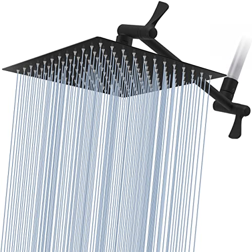 12'' Rain Shower Head with 11'' Adjustable Extension Arm - Eolax Large Rainfall Showerhead Solve Low Water Pressure and Flow - Bathroom Square Shower Heads Made of 304 Stainless Steel - Black