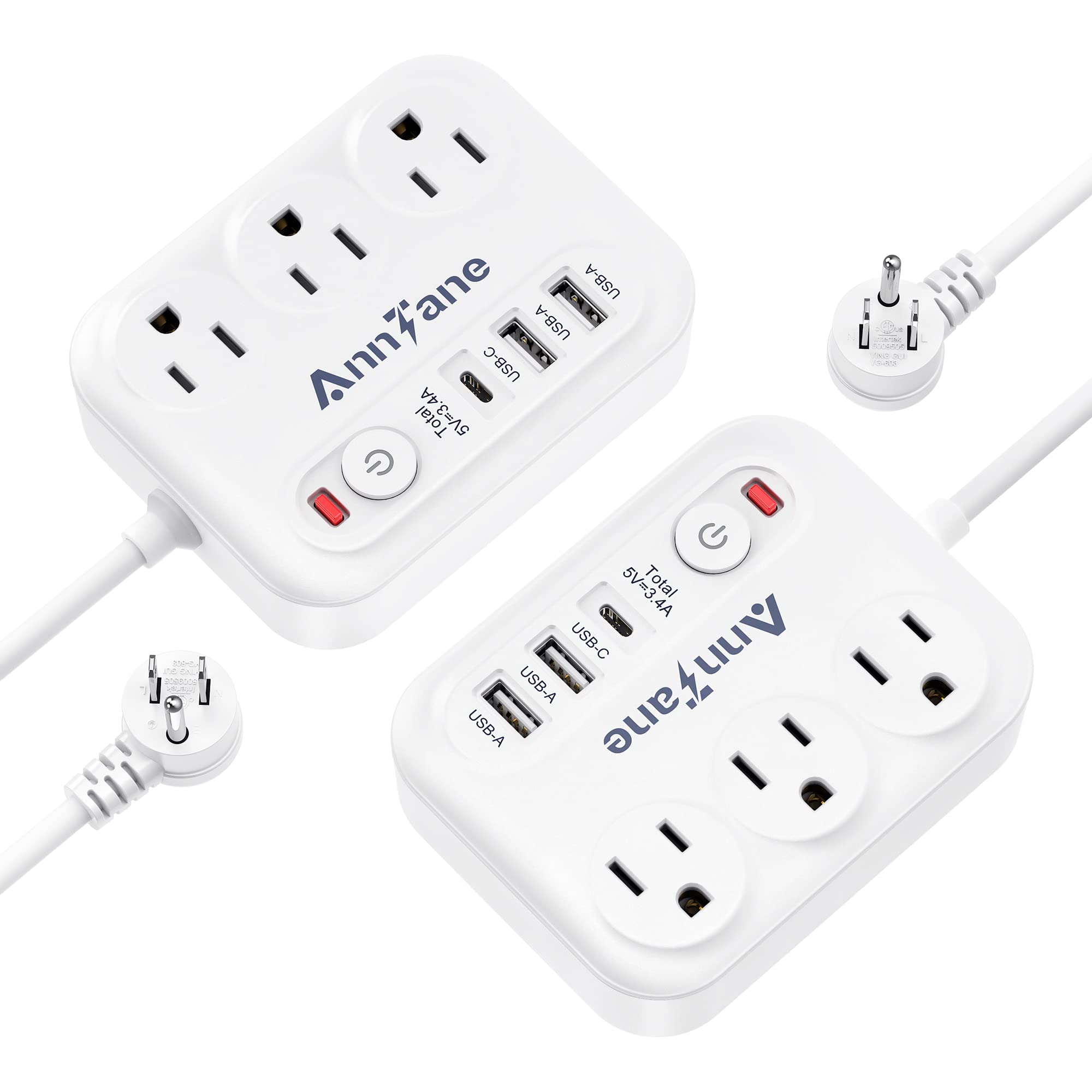 Power Strip with USB Ports,3 Outlets 3 USB Ports (5V/3.4A) 5 Ft Flat Plug Extension Cord,Outlet Extender Desktop Charging Station,Overload Short Circuit Protection,Home,Travel,Cruise Ship,UL Testing