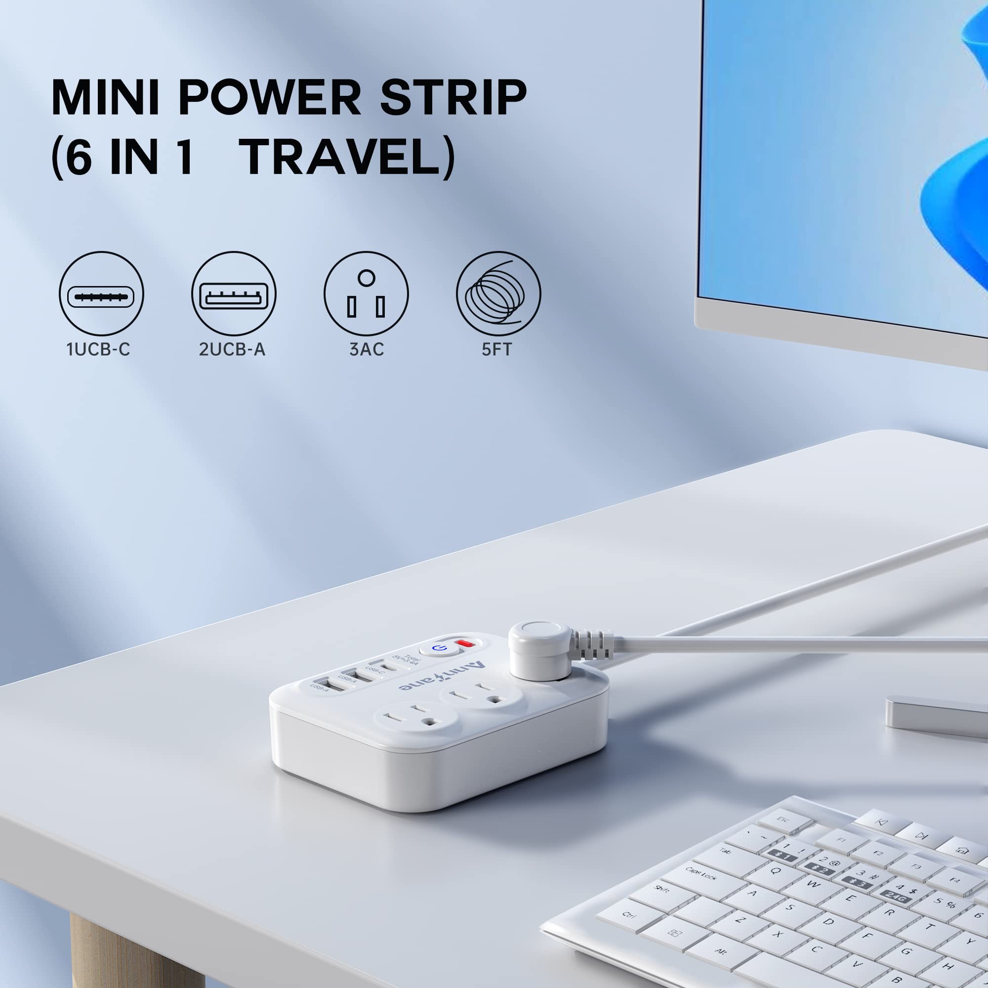 Power Strip with USB Ports,3 Outlets 3 USB Ports (5V/3.4A) 5 Ft Flat Plug Extension Cord,Outlet Extender Desktop Charging Station,Overload Short Circuit Protection,Home,Travel,Cruise Ship,UL Testing