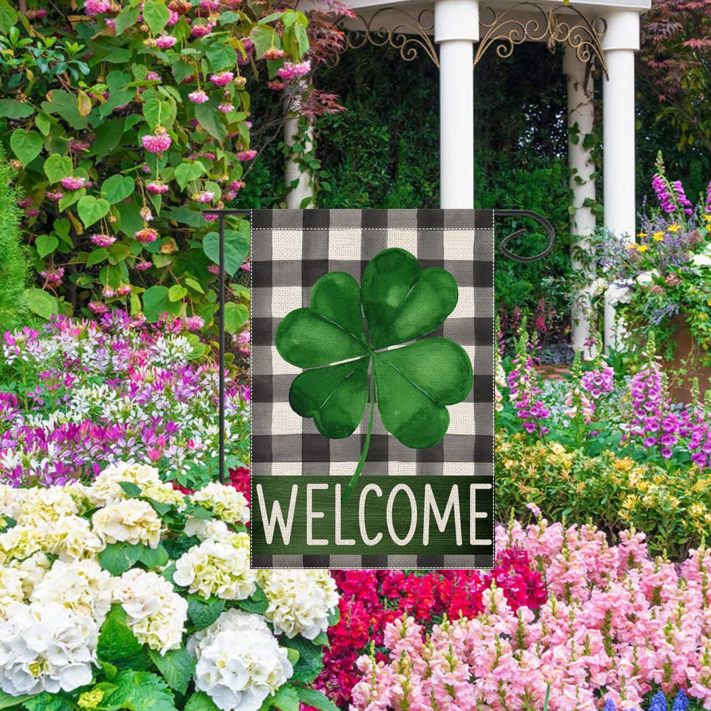 EKOREST St Patrick's Day Garden Flag 12x18 Inch Vertical Double Sided Buffalo Plaid St. Patricks Welcome Shamrock Small Yard Flag for Farmhouse Holiday Spring Outside Outdoor Decoration