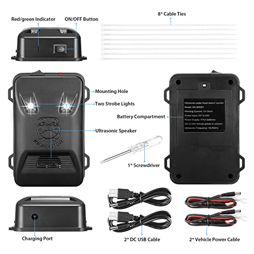 KICKOUTOR Rodent Repellent for Car Engines, Ultrasonic Under Hood Animal Repeller, Battery Operated & 12V 24V Car Truck RV Rat Deterrent Rodent Defense Vehicle Protect with LED Strobe Lights (1 Pack)